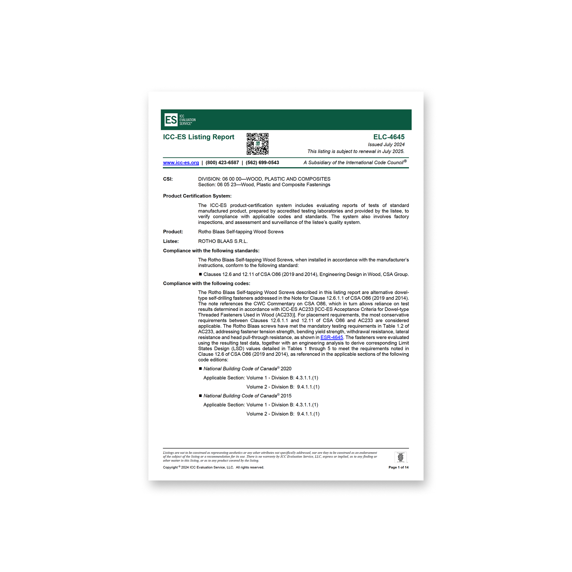 ICC-ES Listing report for self-tapping screws for Canada